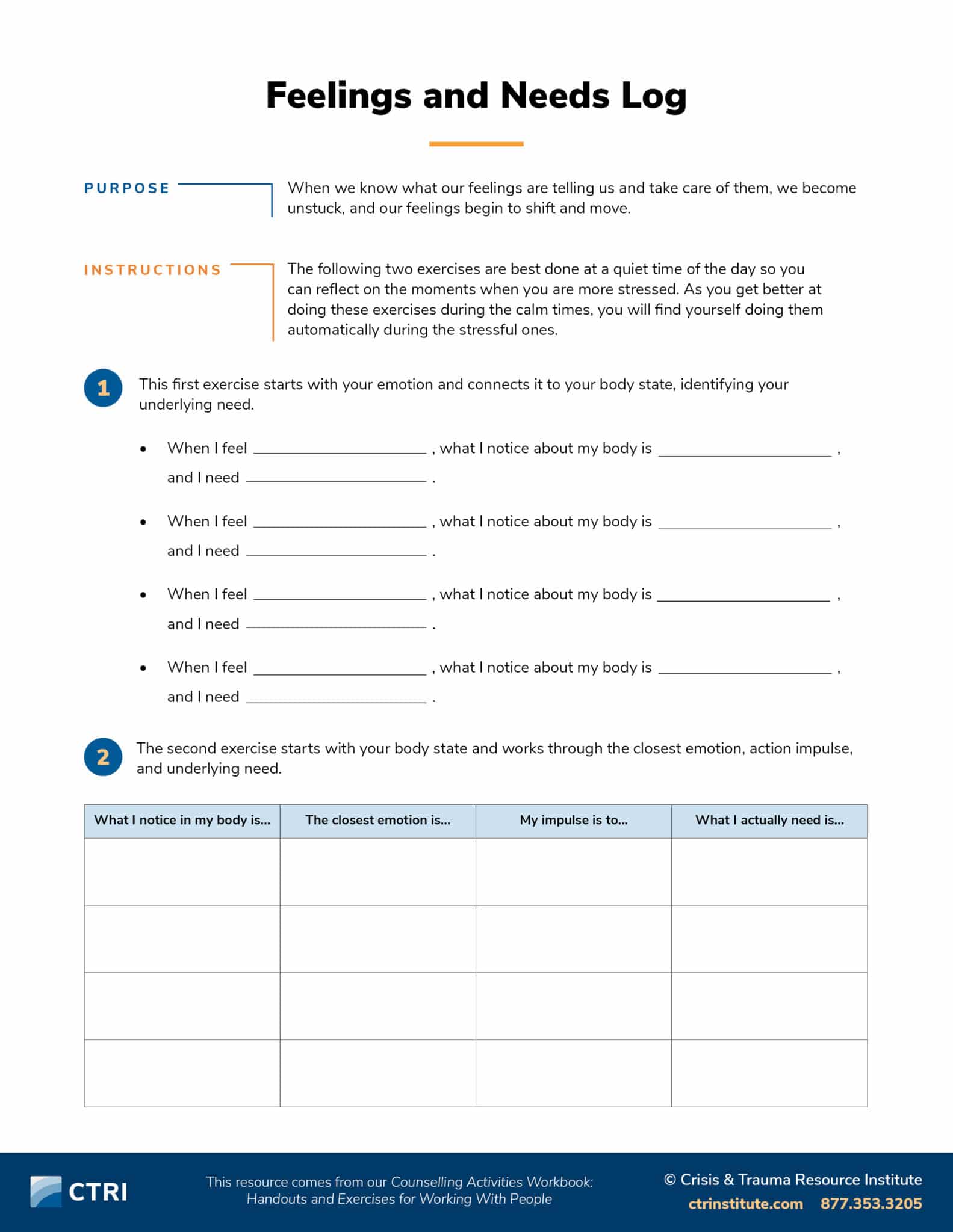 Feelings And Needs Log - Crisis & Trauma Resource Institute